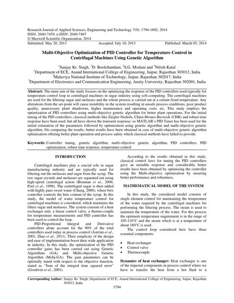 Pdf Multi Objective Optimization Of Pid Controller For Temperature Control In Centrifugal