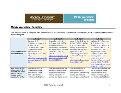 USW NURS Matrix Worksheet Template EBP Ec Fb Doc Matrix Worksheet