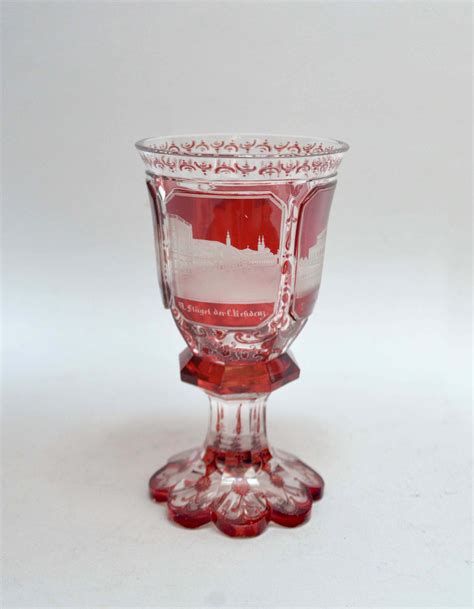 Bohemian Ruby Flash Goblet Engraved With Classical Buildings Denton