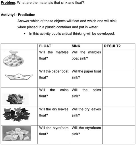 Solved Science Problem What Are The Materials That Sink And Float Activity 1 Prediction