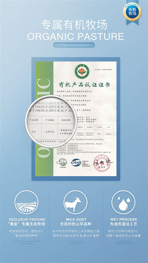 详情页 营养品 牧卡优 羊奶粉 蓝色 有机牧场标 证书 放大镜效果 生态牧场标 奶山羊标 湿法工艺标 1排3个