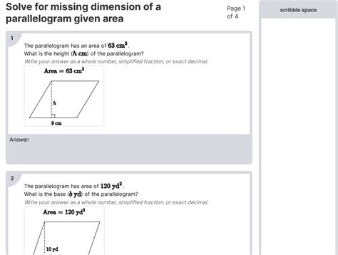 solve for missing dimension of a parallelogram given area worksheets [pdf] 6 ns c 8 6th grade