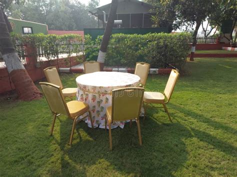 Table And Chair Arrangement In Open Space For Wedding Event Stock Image