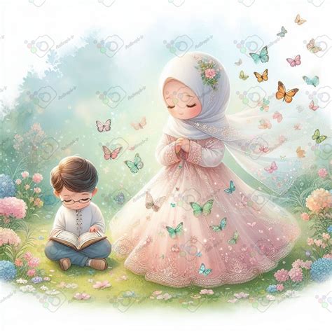 بک گراند کودکانه دختر ناز در حال گوش دادن به قرآن خواندن پسر کوچولو در باغ رویایی کد 42750 ویژه