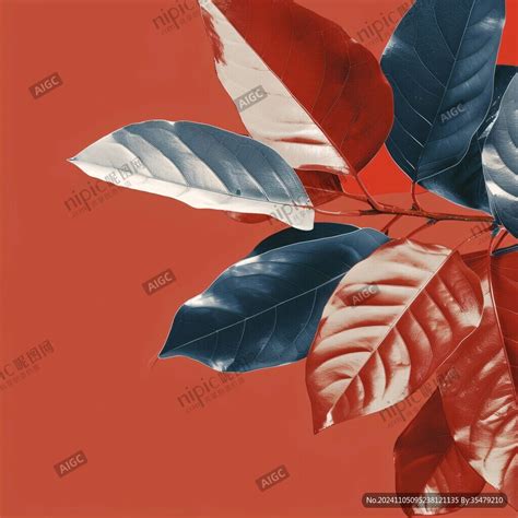 Ai创作图红蓝撞色背景 创意叶脉纹理红色叶子 高清大叶子 鲜艳叶子设计广告素材 红色叶子素材 简约大气红色蓝色 炫彩叶子 植物红色素材 色块叶子 树叶色彩树叶 蓝底红叶 叶子纹理红色枝叶 蓝底