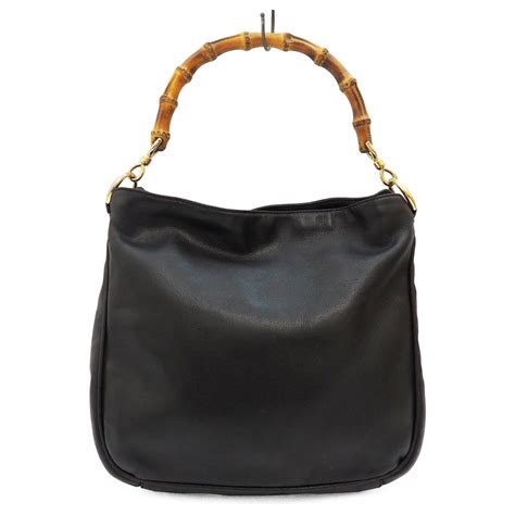 Gucci Vintage Bamboo Handle Leather Bag In Black Brown Beige Ref615634
