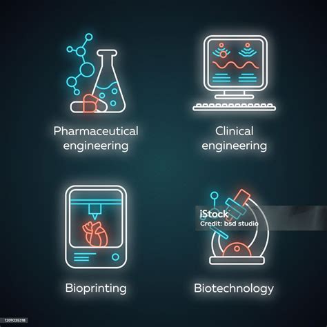 생명 공학 네온 빛 아이콘 세트 의료 기술 연구 및 치료 제약 및 임상 공학 바이오 프린팅 생명 공학 빛나는 징후 벡터 절연 일러스트레이션 3차원 형태에 대한 스톡 벡터