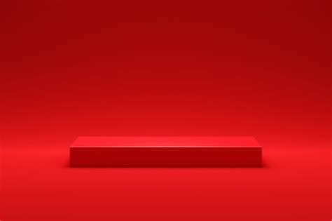 빈 프레젠테이션 쇼 제품 장면 스튜디오 받침대 또는 빈 사각형 광고 플랫폼 선반 및 최소 바닥 쇼케이스 배경이 있는 긴 빨간색 테이블 연단 3d 배경 무대 프리미엄 사진