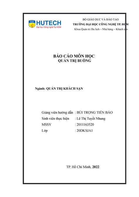 Quản trị buồng tutorial BỘ GIÁO DỤC VÀ ĐÀO TẠO TRƯỜNG ĐẠI HỌC CÔNG NGHỆ TP HCM Khoa Quản