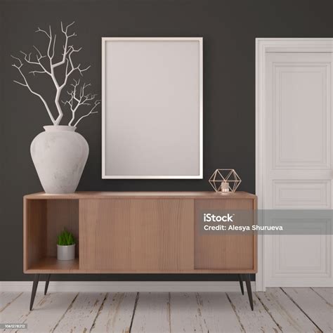 Mock 들이며 3d 그림 3d 렌더링 꽃병 근처 스탠드 인테리어에 포스터의 0명에 대한 스톡 사진 및 기타 이미지 0명 거실 검은색 Istock