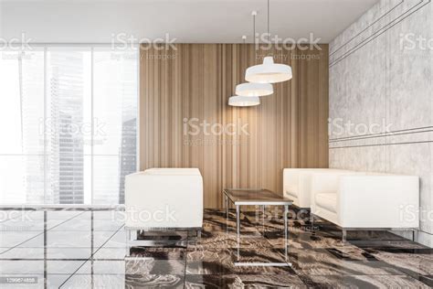 사무실의 큰 창문 대리석 및 나무 벽 근처의 리셉션 홀의 안락 의자 0명에 대한 스톡 사진 및 기타 이미지 0명 3차원 형태 가구 Istock