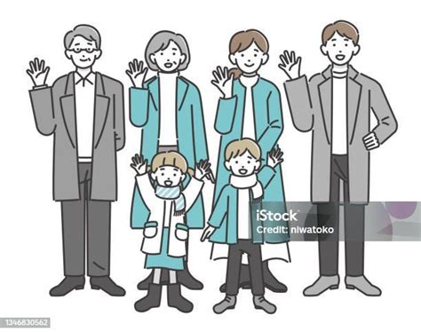 벡터 일러스트 소재 심플 젊은 커플 3 세대의 가을 겨울 옷 흔들며 미소 가족에 대한 스톡 벡터 아트 및 기타 이미지 가족