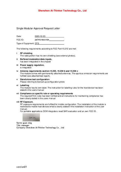 Shenzhen Ai Thinker Technology Co Ltd Ra 01