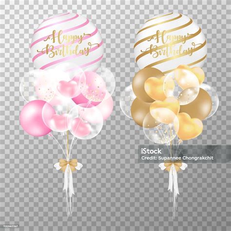 투명 한 배경에 생일 풍선 현실적인 분홍색과 황금 광택 풍선 벡터 일러스트입니다 장식 생일 파티 디자인 서식 파일 3차원 형태에 대한 스톡 벡터 아트 및 기타 이미지