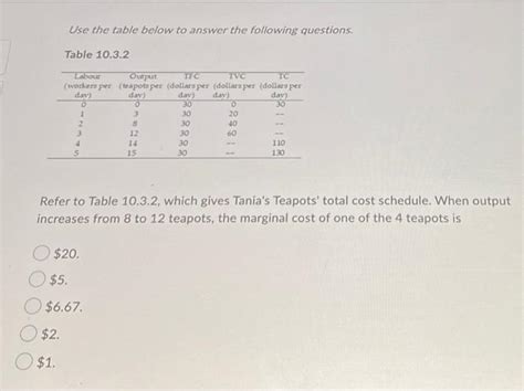 solved use the table below to answer the following