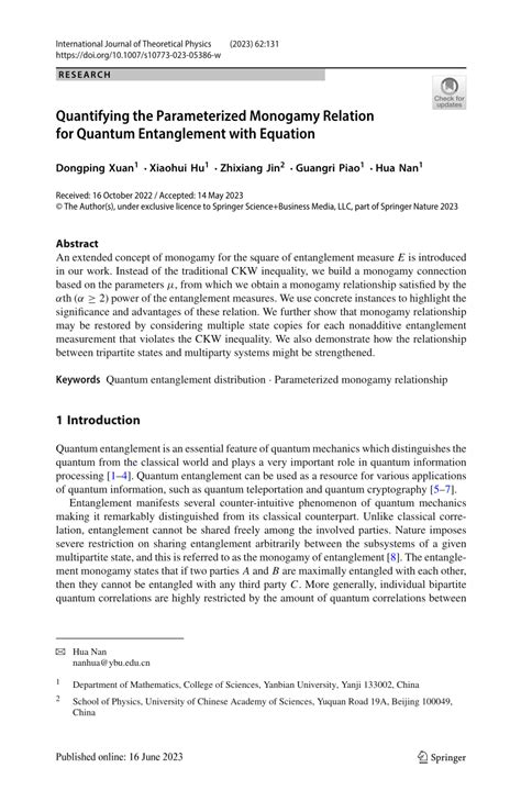 Pdf Quantifying The Parameterized Monogamy Relation For Quantum Entanglement With Equation