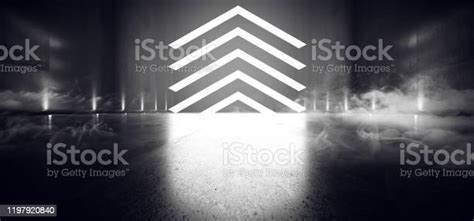 연기 안개 공상 과학 Fi 복고풍 미래 화살표 모양 포인터 콘크리트 차고 지하 복도 복도 터널 아스팔트 빈 3d 렌더링에 흰색 빛나는 0명에 대한 스톡 사진 및 기타 이미지