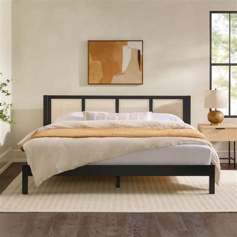 Boho Solid Wood Rattan Panel Headboard King Bedframe Black Dmdelqcd