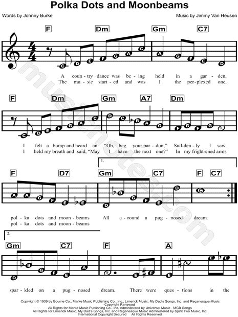 Jimmy Van Heusen Polka Dots And Moonbeams Sheet Music For Beginners