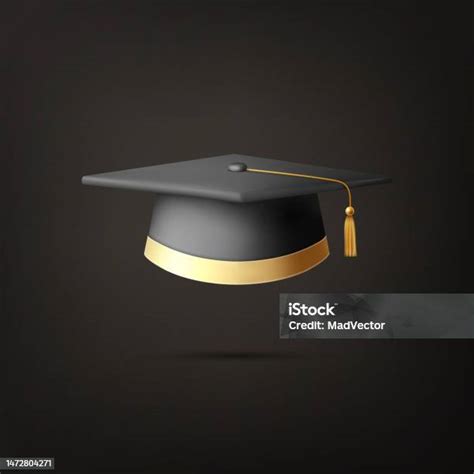 벡터 3d 현실적인 흑인 대학원 고등학교 대학 검은 모자 아이콘 근접 촬영은 검은 배경에 격리되어 있습니다 벡터 학위 의식 모자 교육 학생 상징 모자 전면 모습 2023년에