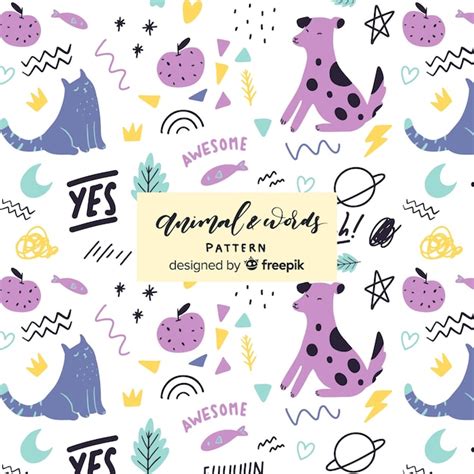 Colorful Doodle Animals And Words Pattern Premium Vector
