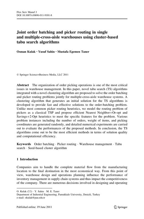 pdf joint order batching and picker routing in single and multiple cross aisle warehouses