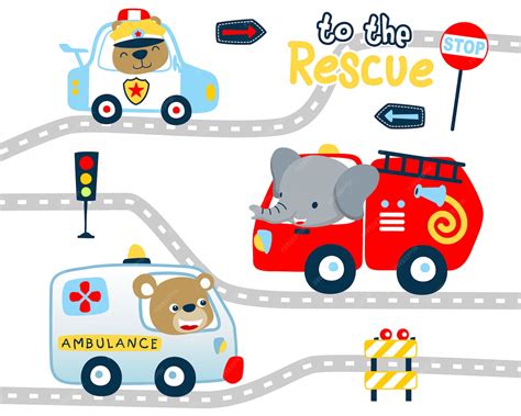 Premium Vector Rescue Vehicles Cartoon With Funny Driver