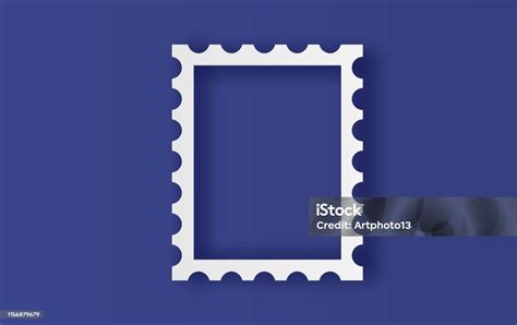 빈 우표 프레임 이미지 사진 및 텍스트에 대한 장소와 벡터 템플릿의 그림 블루 배경에 창조적 인 디자인 디지털 종이 컷 및 공예
