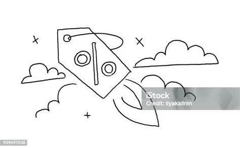 손 초안으로 스케치를 설명 합니다 하늘 그리기에 할인 라벨 비행을 시작 합니다 가 게에서 판매입니다 손으로 그린 검은 선 벡터 일러스트 레이 션 Launch Party에
