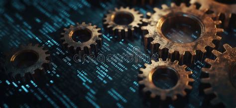 Gears On Digital Background Representing Technology And Engineering Concepts With Binary Code
