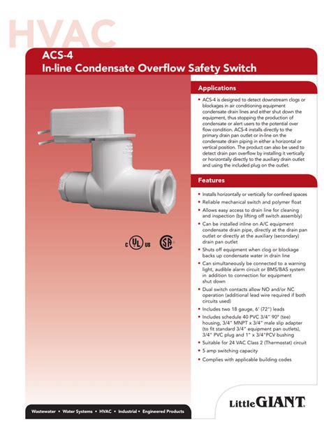 ACS In Line Condensate Overflow Safety Switch