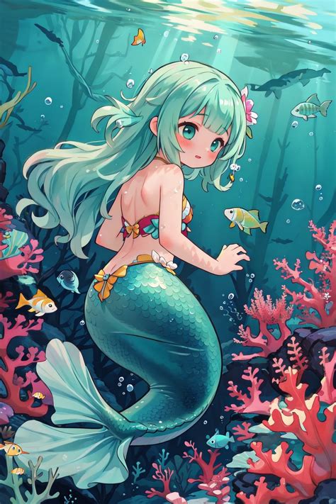 바다 속 긴 머리와 물고기 꼬리를 가진 인어 Seaart Ai