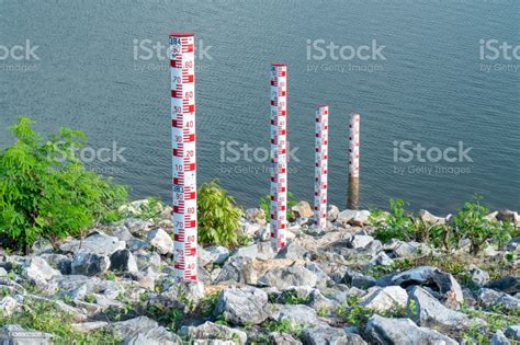 근접 촬영 직원이 댐 배경에서 물을 측정합니다 호수에 있는 4개의 빨간색 수위 게이지 스케일 낮음에 대한 스톡 사진 및 기타 이미지 Istock
