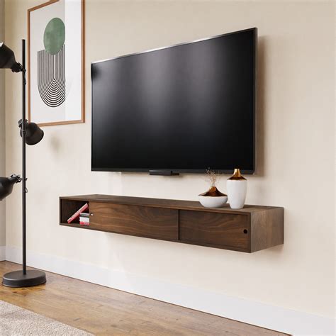 Walnut Floating Tv Stand Solid Wood Media Console With Sliding Doors