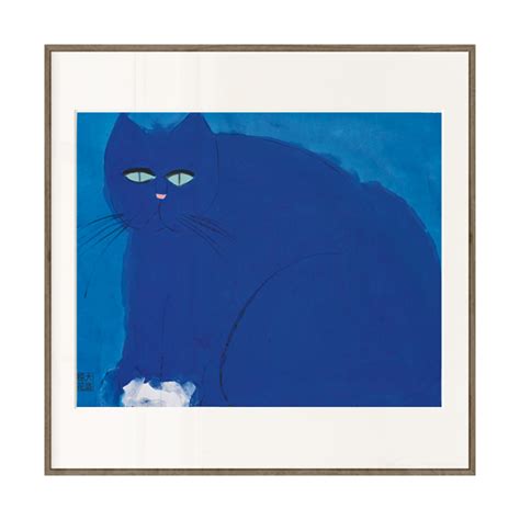 丘山生活蓝色猫新中式挂画书房客厅装饰画正方形日式民宿酒店水彩 虎窝淘