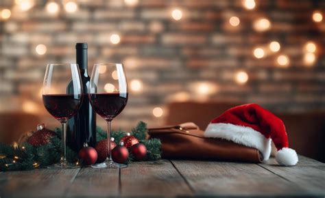 Festive Christmas Celebration With Red Wine Glasses And Holiday
