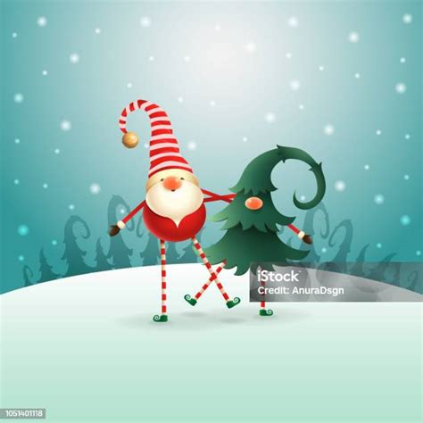 행복 한 크리스마스 스칸디나비아 격언 친구 연주와 춤녹색 푸른 겨울 밤 풍경 꼬마 요정에 대한 스톡 벡터 아트 및 기타 이미지 꼬마 요정 산타 클로스 12월 Istock