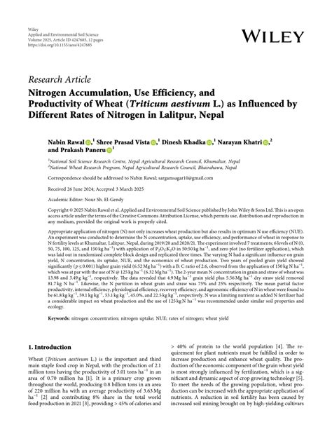 Pdf Nitrogen Accumulation Use Efficiency And Productivity Of Wheat