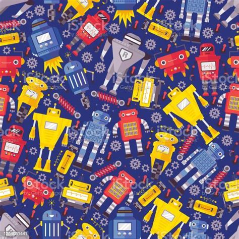 로봇과 사이보그 캐릭터 원활한 패턴 배너 설계 기술 프로세스 평면 장비 벡터 일러스트 아이에 대한 스톡 벡터 아트 및 기타 이미지 Istock