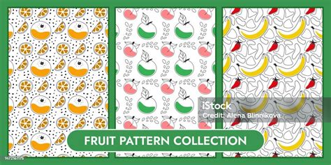 과일이 있는 패턴 세트입니다 만다린과 감귤류 조각 사과와 복숭아 바나나와 딸기 여름 음식 수집 0명에 대한 스톡 벡터 아트 및