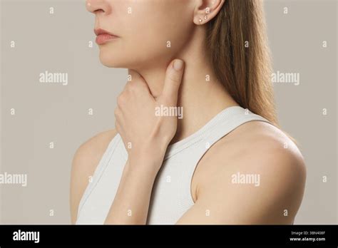 Caucasian Woman Touching Her Throat Sore Throat Cold Flu