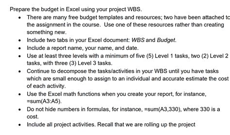 Prepare The Budget In Excel Using Your Project WBS Chegg