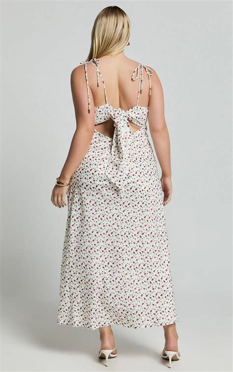 Elle Midi Dress Ruched Bust Tie Strap Dress In White Floral Showpo Usa