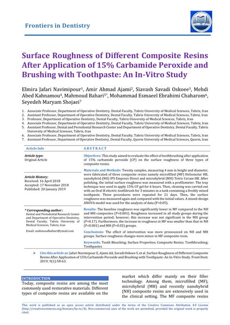 Pdf Surface Roughness Of Different Composite Resins After Application Of 15 Carbamide