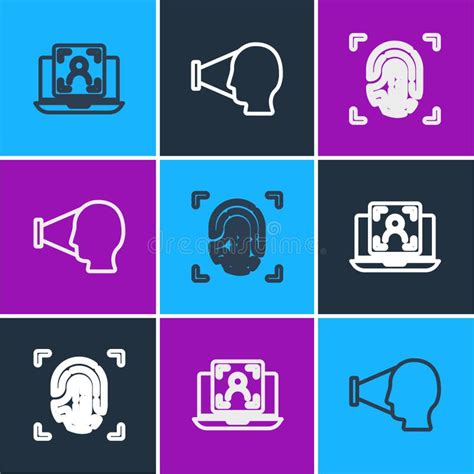 Set Line Laptop With Face Recognition Fingerprint And Face Icon Vector Stock Vector