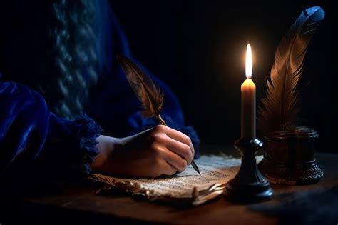 premium ai image hand write ink feather at burning candle night dark
