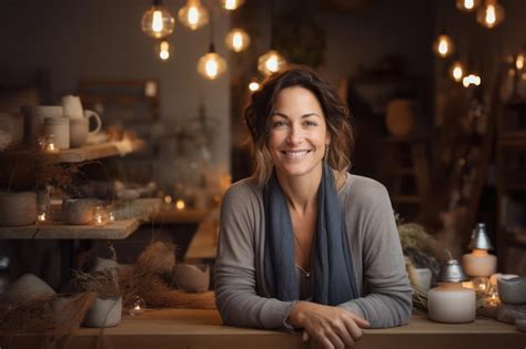 Premium Photo Cheerful Female Cafe Owner Standing And Smiling In A Modern Indoor Cafe Portrait