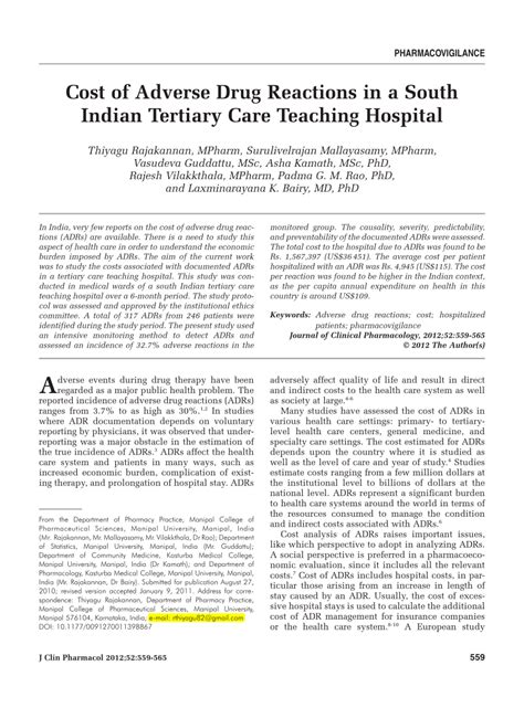 Pdf Cost Of Adverse Drug Reactions In A South Indian Tertiary Care Teaching Hospital