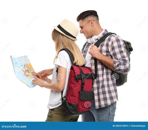 Couple With Map On White Background Summer Travel Stock Image Image