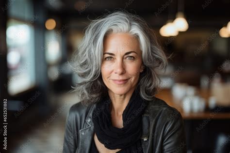 Happy Mature Gray Haired Woman Face Portrait Beautiful Mid Age